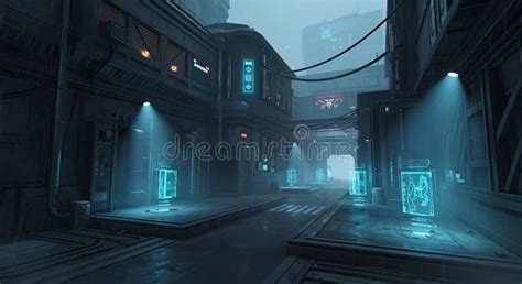 Cyberpunk Alleyway With Holographic Displays Stock Illustration