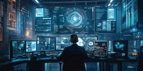 a man in a suit is viewed from behind sitting in front of multiple computer screens displaying