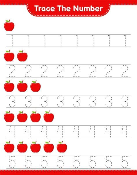번호를 추적하십시오 Apple로 추적 번호 교육용 어린이 게임 인쇄 가능한 워크 시트 프리미엄 벡터