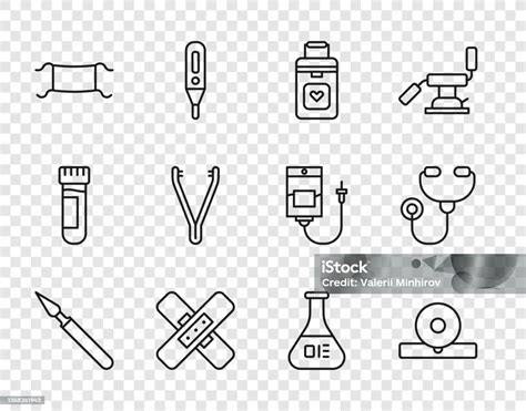 세트 라인 의료 수술 메스 이비인후과 머리 반사경 장기 용기 교차 붕대 석고 보호 마스크 핀셋 테스트 튜브 플라스크 및 청진기 아이콘 벡터 가방에 대한 스톡 벡터 아트 및