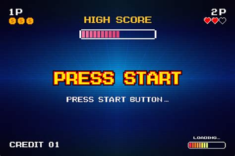 시작을 누릅니다 계속하려면 동전을 넣으십시오 픽셀 아트 8비트 게임 레트로 게임 게임 자산의 경우 복고풍 미래파 공상 과학 배경