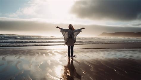 Premium Ai Image One Woman Standing On The Coastline Arms