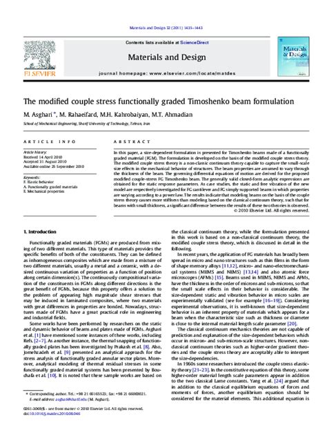 pdf the modified couple stress functionally graded timoshenko beam