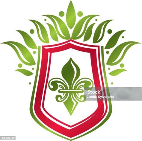 백합 꽃 왕실 기호로 만든 빈티지 전령 엠블럼 에코 제품 기호 유기농 및 건강 식품 테마 일러스트레이션 장식 보호 방패 0명에 대한 스톡 벡터 아트 및 기타 이미지 Istock