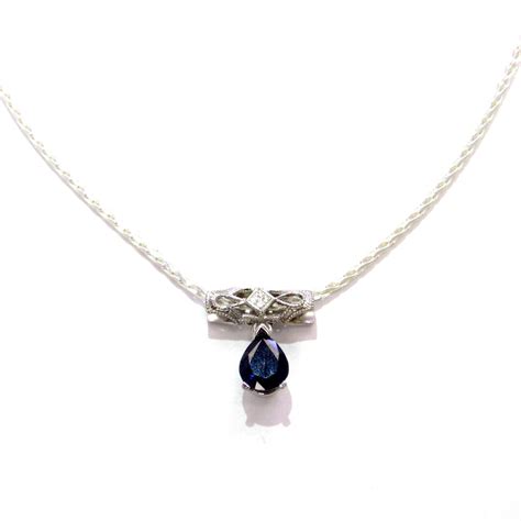 Victorian 14k White Gold Diamond Slide Teardrop Sapphire Dangle