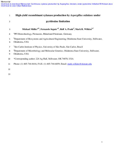 Pdf High Yield Recombinant Xylanase Production By Aspergillus Nidulans Under Pyridoxine Limitation