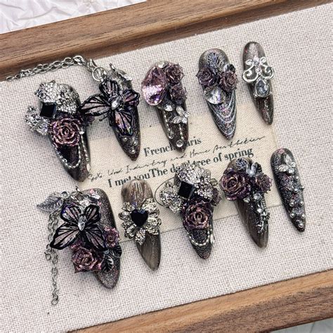 Nocturne Butterfly Dark Gothic Rose Press On Nails Extra Long Stiletto