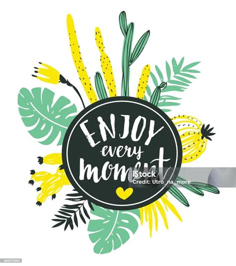 벡터 일러스트 레이 션 열 대 야생 식물 및 세련 된 레터링매 순간을 즐겨 라 손으로 그린된 트로픽 포스터입니다 0명에 대한 스톡 벡터 아트 및 기타 이미지 Istock