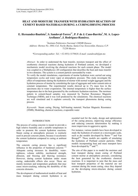 Pdf Heat And Moisture Transfer With Hydration Reaction Of Cement Based Materials During A
