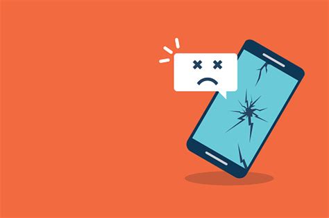 슬픈 미소와 깨진 스마트 폰 깨진 전화 서비스 복구 및 수리 개념 기호 상단 보기 복사 공간 Brand Name Smart Phone에 대한 스톡 벡터 아트 및 기타 이미지