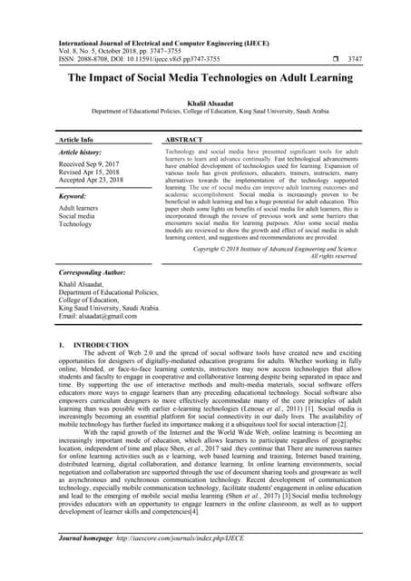 The Impact Of Social Media Technologies On Adult Learning Pdf Social Networking Internet