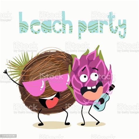 재미있는 캐릭터의 벡터 일러스트레이션 만화 피타야 피타하야 드래곤 과일은 시타르 우쿨렐레 코코넛을 재생합니다 해변 파티 비문 과일에 대한 스톡 벡터 아트 및 기타 이미지