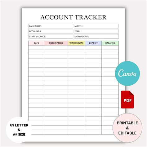 Editable Bank Balance Sheet Printable Finance Log Money Saving Sheet