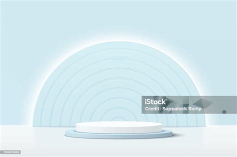 추상 3d 화이트 블루 실린더 받침대 연단과 빛나는 밝은 파란색 세미 서클 배경 제품 디스플레이 프리젠 테이션을위한 파스텔 블루
