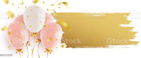 분홍색과 흰색 헬륨 풍선 떨어지는 색종이 흰색 배경에 오른쪽에 황금 페인트 획 배너 또는 인사말 카드 디자인 서식 파일입니다 현실적인 벡터 그림 열기구에 대한 스톡 벡터