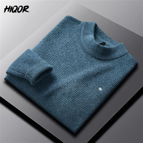Hiqor 새로운 겨울 두꺼운 남성 블루 스웨터 캐주얼 럭셔리 모의 목 솔리드 비즈니스 따뜻한 느슨한 검은 스웨터 풀오버 남자