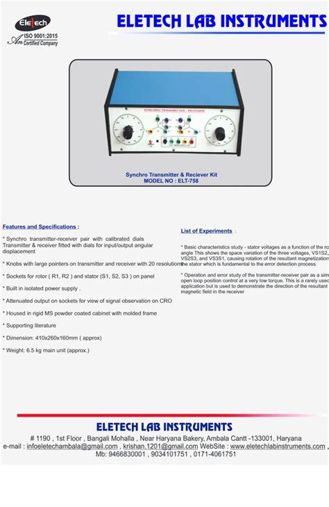 Digital Synchro Transmitter Receiver For Laboratory Model Name Number Eli 758 At ₹ 18500