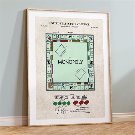 Monopoly Board Game Patent Wall Art Colorized And 4 Design Options