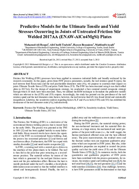 Pdf Predictive Models For The Ultimate Tensile And Yield Stresses Occurring In Joints Of