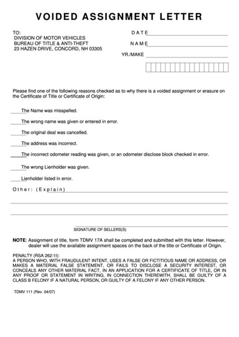 Fillable Voided Assignment Letter Printable Pdf Download