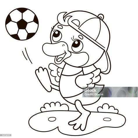 색칠 공부 페이지 개요 만화 오리 또는 축구 공으로 새끼 오리 축구 스포츠 아이들을위한 색칠 공부 책 오리 물새에 대한 스톡