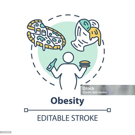 비만 개념 아이콘입니다 건강에 해로운 식습관 과체중 인 사람 패스트 푸드에서 칼로리 과소비 아이디어 얇은 라인 그림 벡터 절연 윤곽선 Rgb 색상 드로잉 편집 가능한