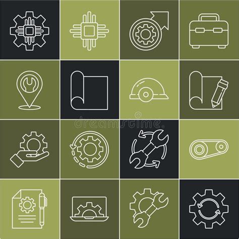 Set Line Gear And Arrows As Workflow Timing Belt Kit Graphing Paper Pencil Process For