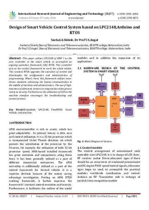 pdf design of smart vehicle control system based on lpc2148 arduino and rtos