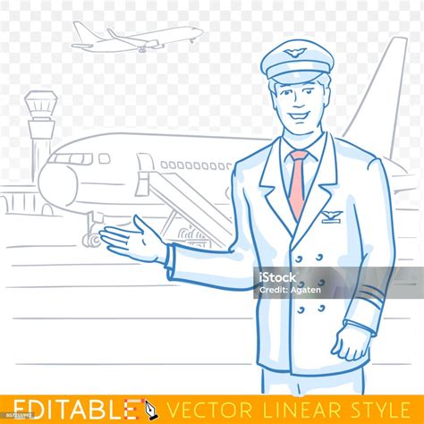 민간 항공기 환영 제스처 보드의 파일럿 공항에서 항공사의 잘생긴 직원입니다 블루 잉크 스타일에서 편집 가능한 밑그림입니다 손으로 그린 낙서 벡터 일러스트입니다 낙서 드로잉에