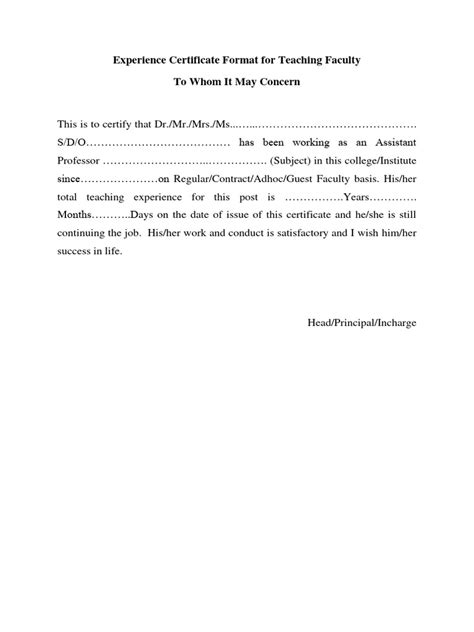 Experience Certificate Format Teaching Pdf