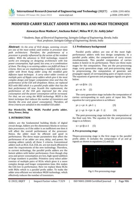 Modified Carry Select Adder With Bka And Mgdi Technique Pdf