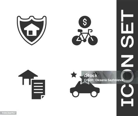 자동차 공유 방패가 있는 집 계약 및 자전거 대여 모바일 앱 아이콘을 설정합니다 벡터 mobility as a service에