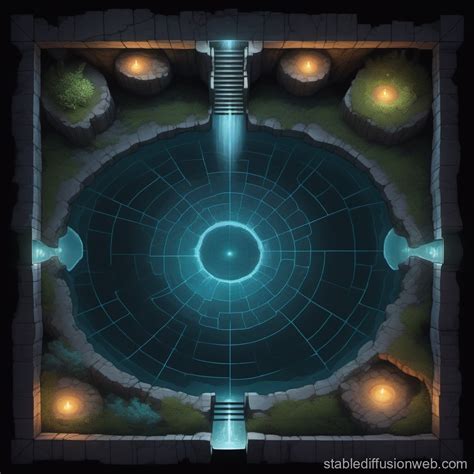 A Top Down Fantasy Grid Map Of A Subterranean Cavern Shrouded In Darkness Featuring A Mystical