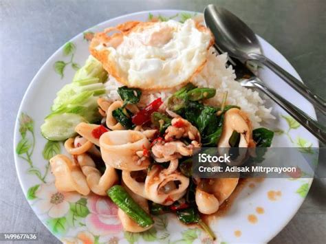 밥에 튀긴 매운 오징어 바질과 계란 후라이 먹기 태국 길거리 음식 쌀 주식에 대한 스톡 사진 및 기타 이미지 쌀 주식 칼라마리 0명 Istock