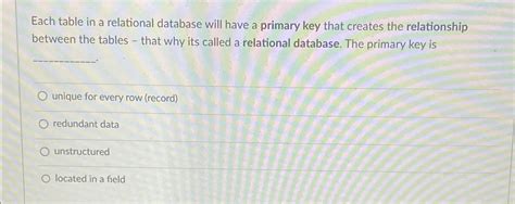 Solved Each Table In A Relational Database Will Have A