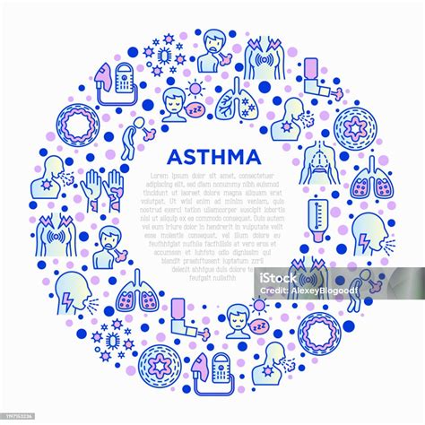얇은 선 아이콘으로 원에 천식 개념 알레르겐 호흡 곤란 기침 천명 흉통 횡격막 천식 발작 두드러기 가래 피크 유량계 흡입기