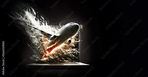 Airplane Or Jet Coming Out Of A Computer Screen 3d Image Of A Plane On Fire Breaking Out Of A