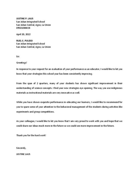 Evaluation Letter Pdf