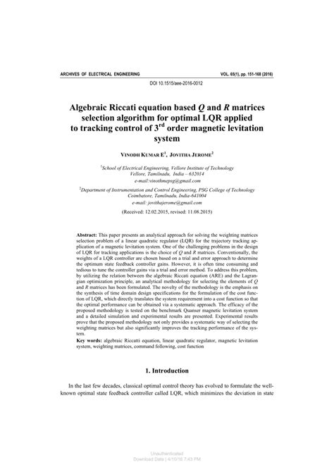 Pdf Algebraic Riccati Equation Based Q And R Matrices Selection Algorithm For Optimal Lqr