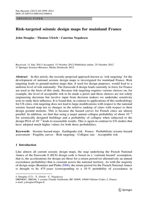 Risk Targeted Seismic Design Maps For Mainland France Pdf Risk Risk Assessment