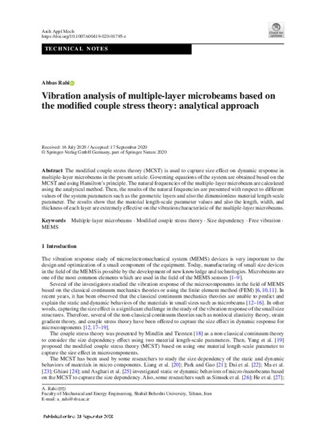 Pdf Vibration Analysis Of Multiple Layer Microbeams Based On The Modified Couple Stress Theory
