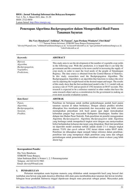Pdf Penerapan Algoritma Backpropagation Dalam Memprediksi Hasil Panen
