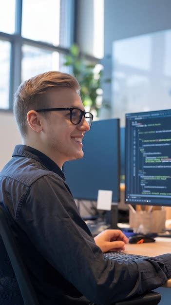 side view portrt of smiling caucasian man as computer programmer