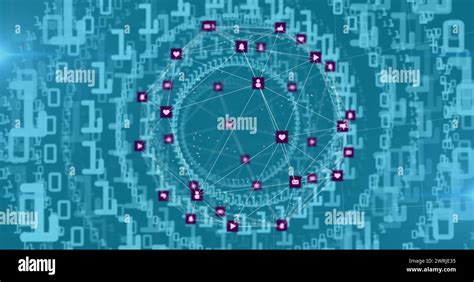 image of network of connections with icons over binary coding stock