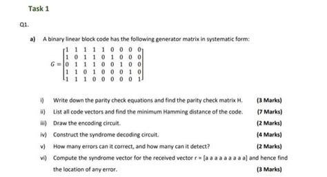 Solved A Binary Linear Block Code Has The Following