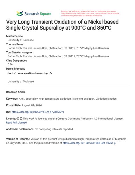 Pdf Very Long Transient Oxidation Of A Nickel Based Single Crystal Superalloy At 900°c And 850°c