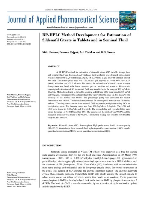 Pdf Rp Hplc Method Development For Estimation Of Sildenafil Citrate