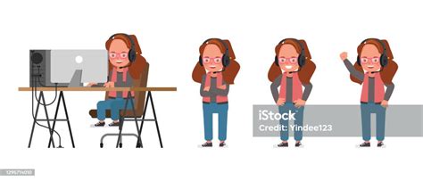 게이머 소녀 아이 캐릭터 벡터 디자인 감정과 다양한 행동의 프리젠 테이션 Championship에 대한 스톡 벡터 아트 및 기타 이미지 Championship E스포츠