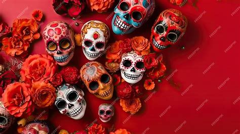 Calaveras De Azúcar Mexica Con Flores De Colores Y Espacio Para Copiar