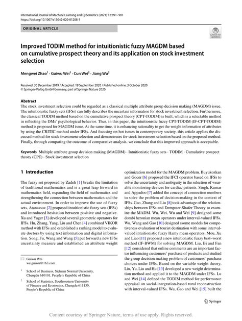 Improved Todim Method For Intuitionistic Fuzzy Magdm Based On Cumulative Prospect Theory And Its